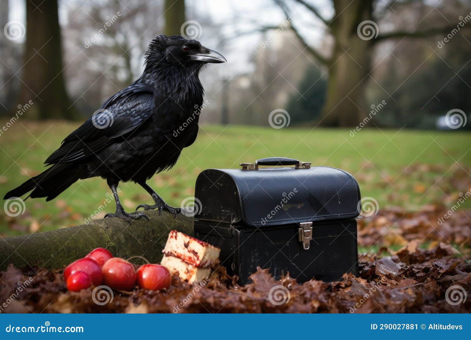 A Crafty Crow Pulling a Sandwich from a Forgotten Lunchbox in a Park ...