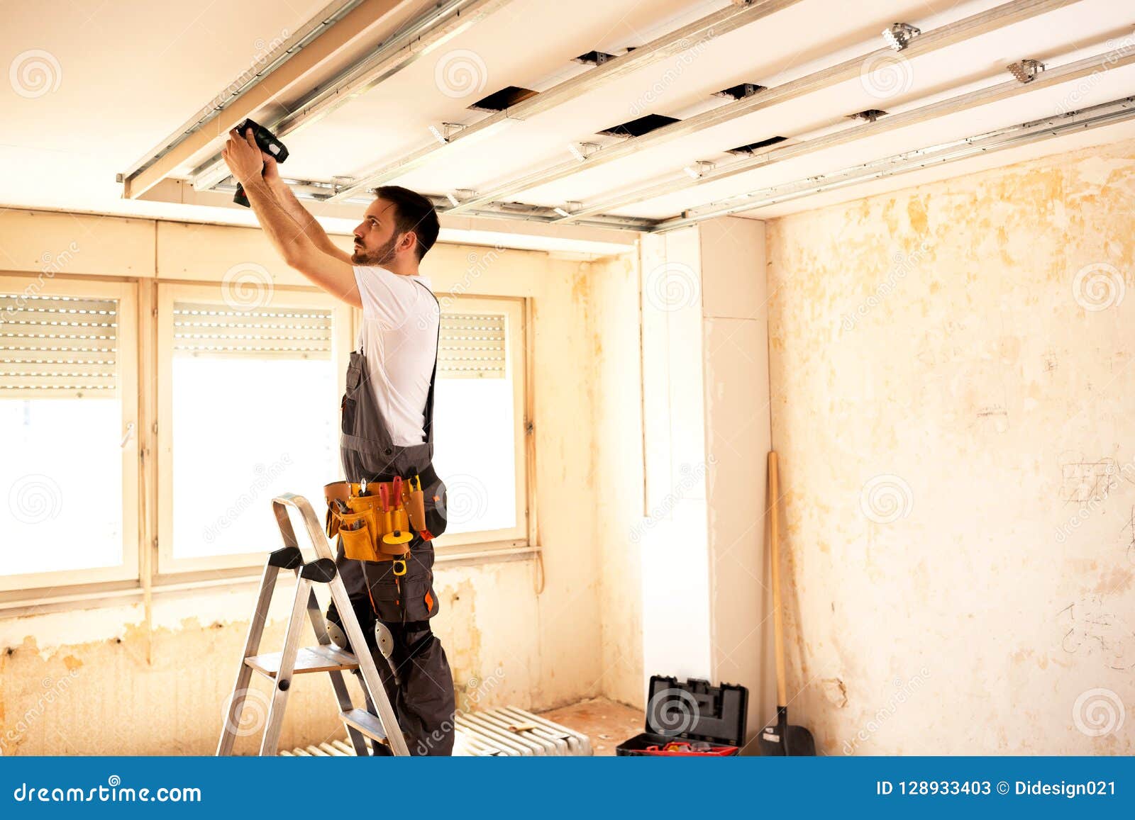 Crafty Worker Arranging Ceiling Construction Stock Image - Image of ...