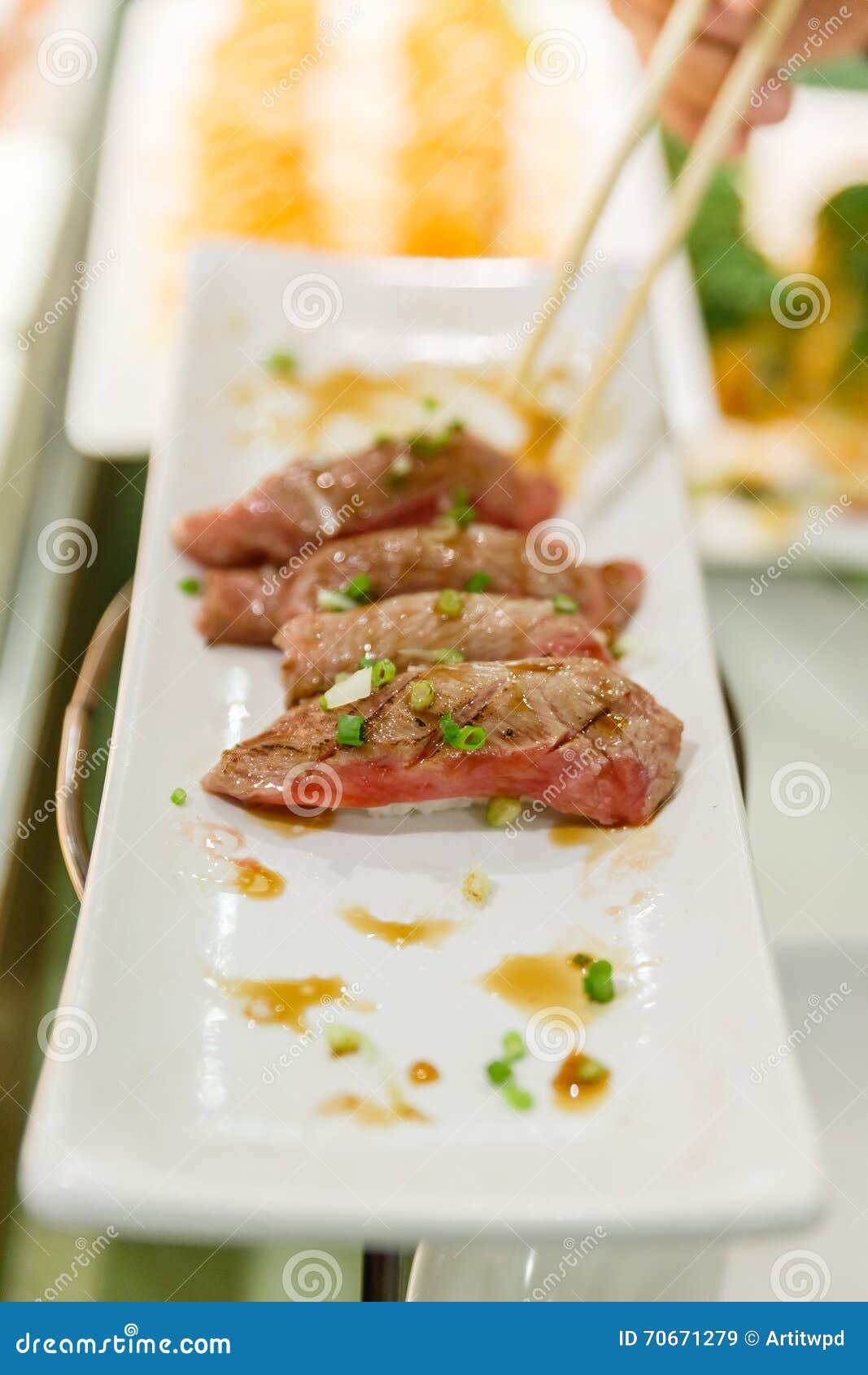 Cramping Torched Wagyu Sushi with Medium Rare Cooked Stock Image ...