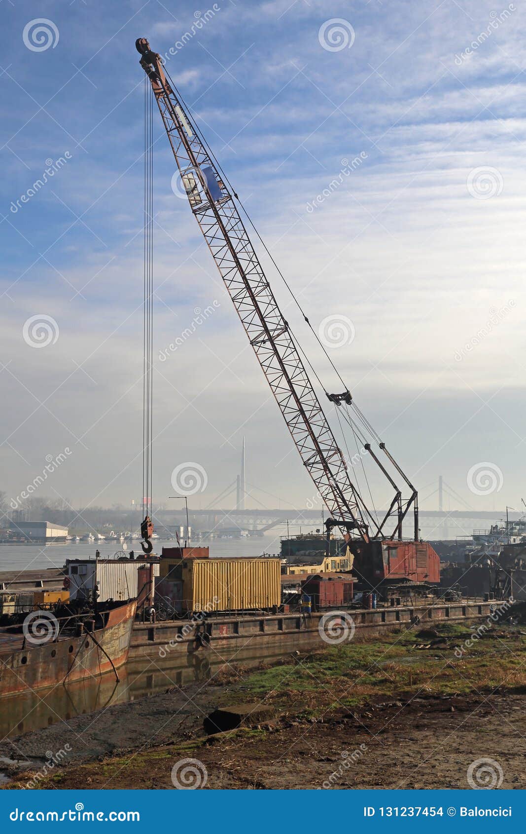 Crane at Barge stock photo. Image of vessel, lifting - 131237454