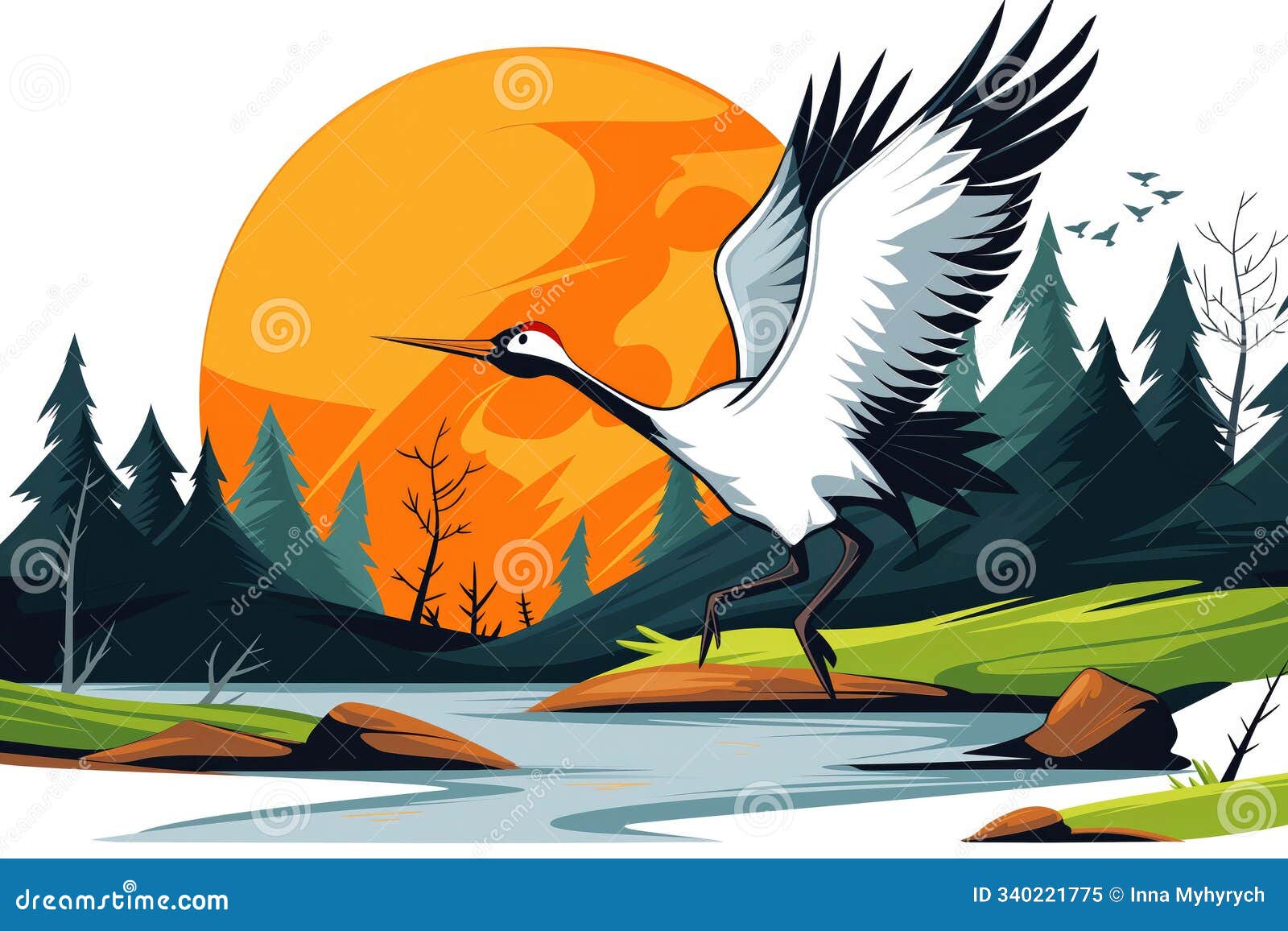 Crane and Beautiful Landscape Simple Flat Illustration Stock ...