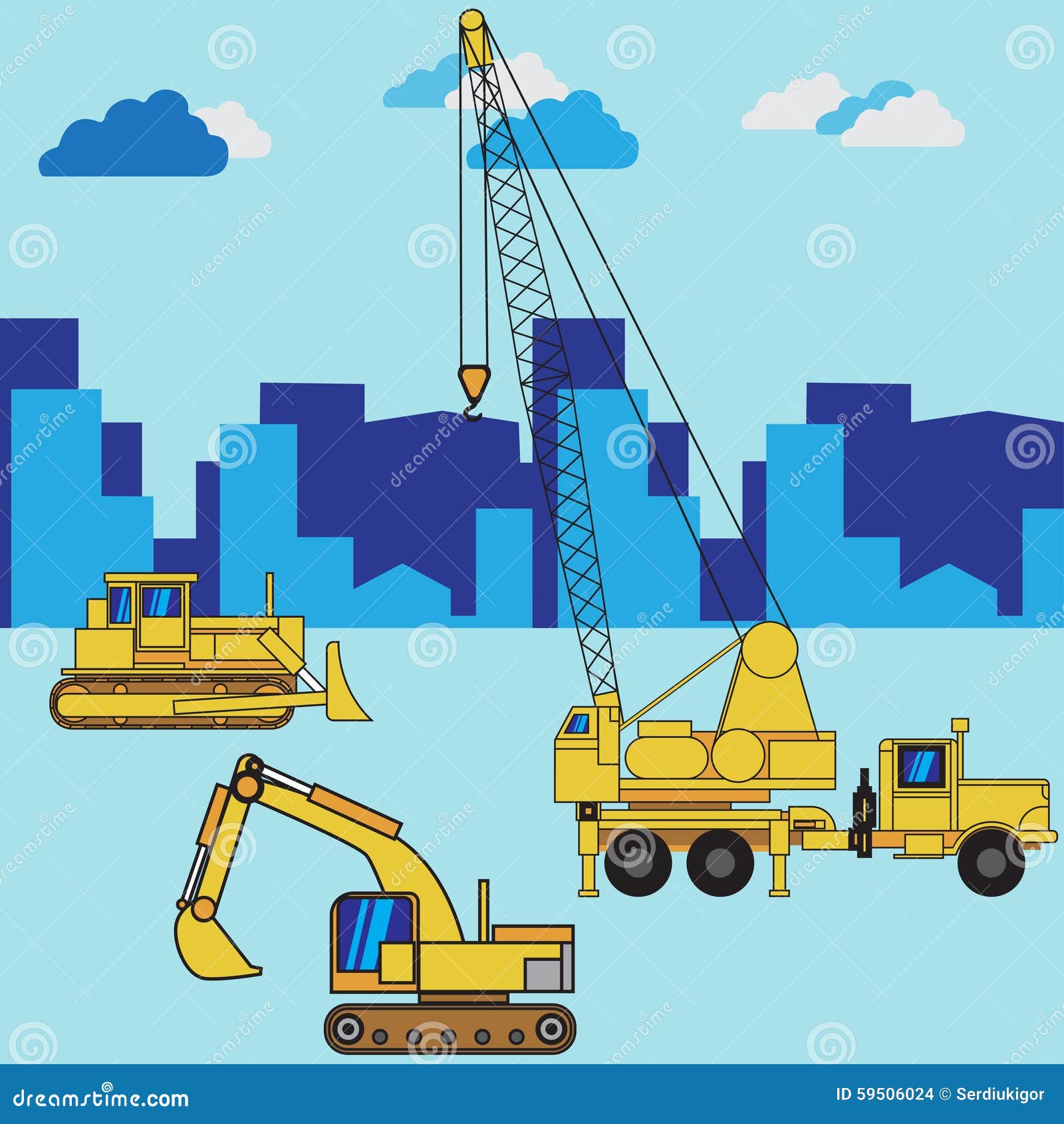 Crane, Excavator and Bulldozer. Vector. Stock Vector - Illustration of ...