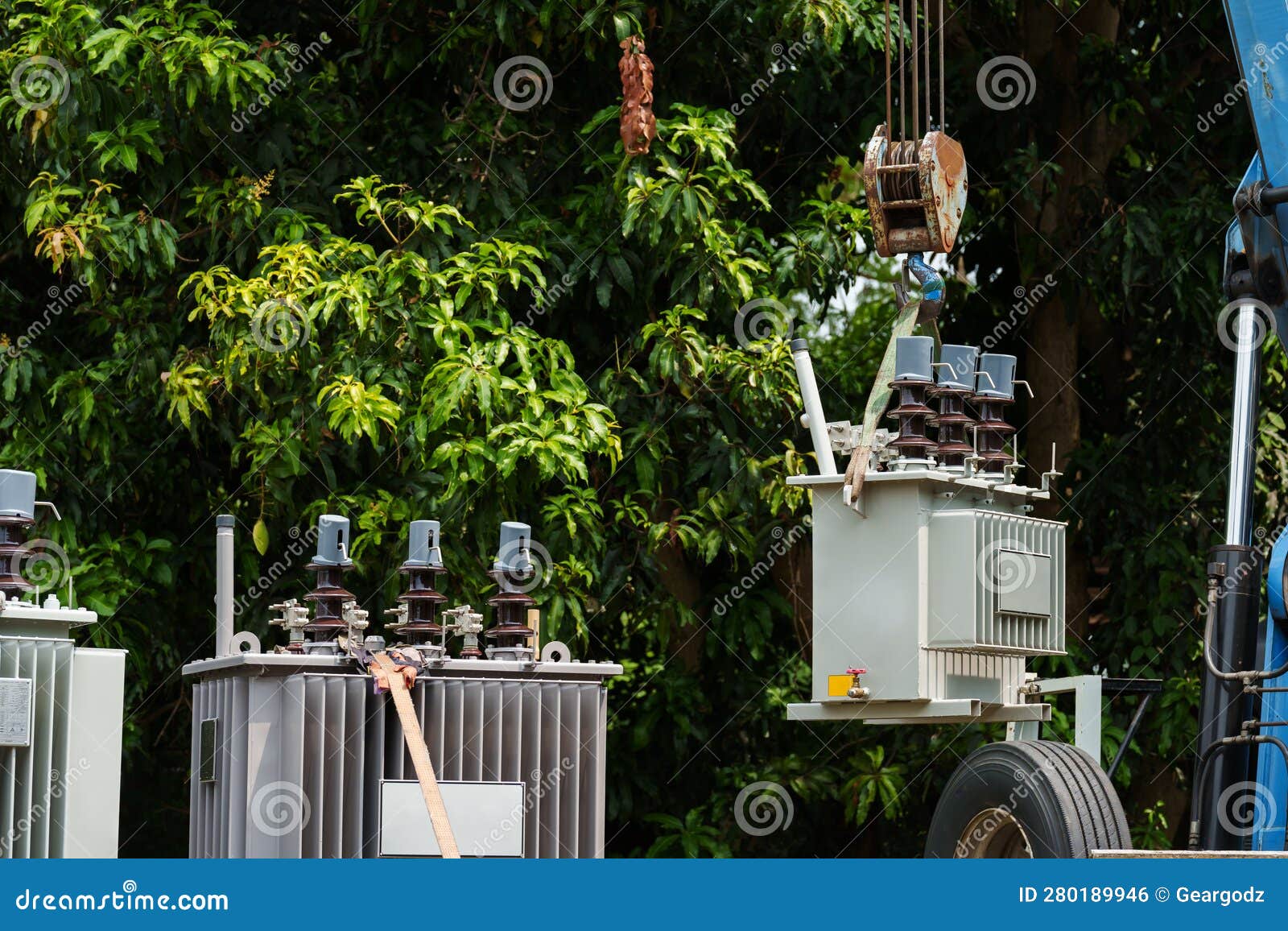 Crane Hook Lifts Up Distribution Transformer Stock Photo - Image of ...