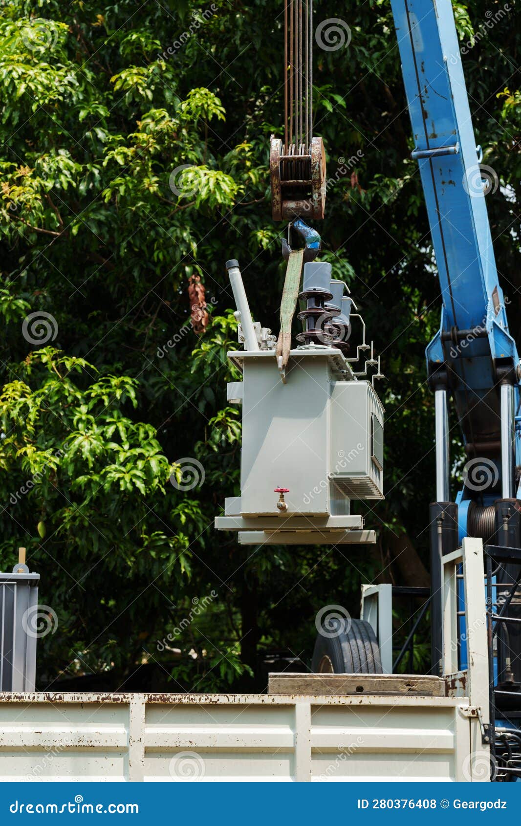 Crane Hook Lifts Up Distribution Transformer Stock Photo - Image of ...