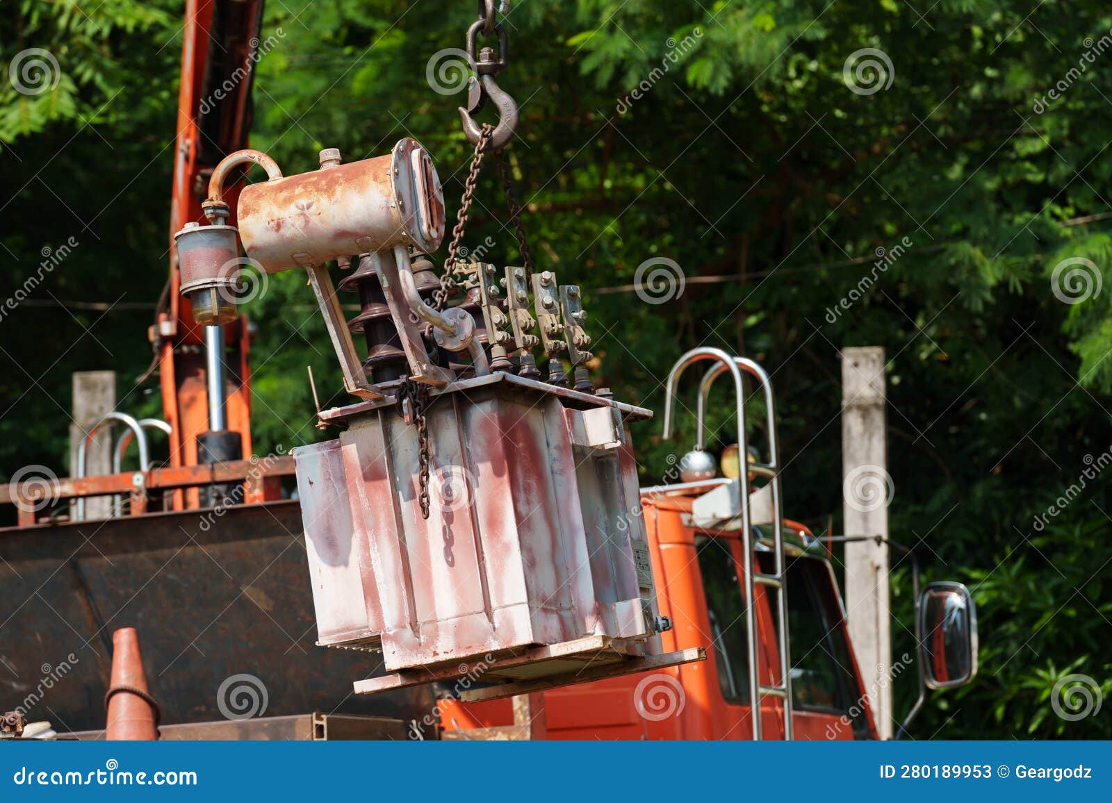 Crane Hook Lifts Up Old Distribution Transformer Stock Image - Image of ...