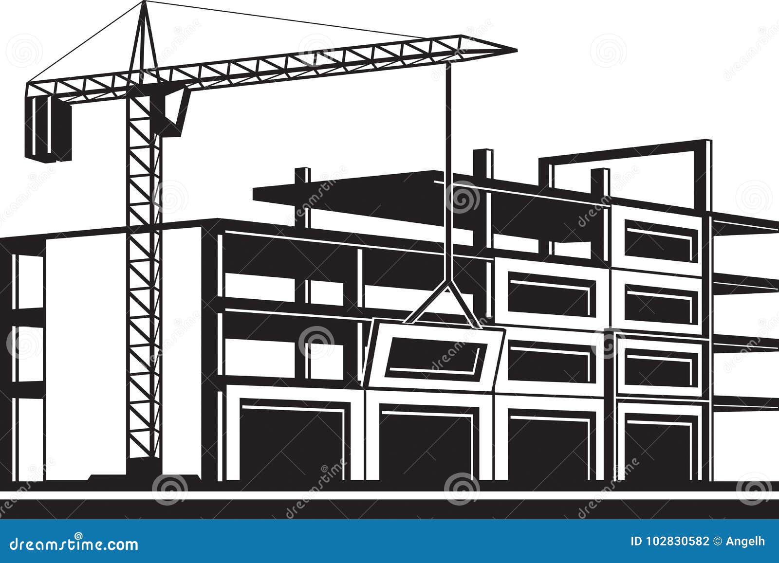 Crane Installing Curtain Wall of Building Stock Vector - Illustration ...