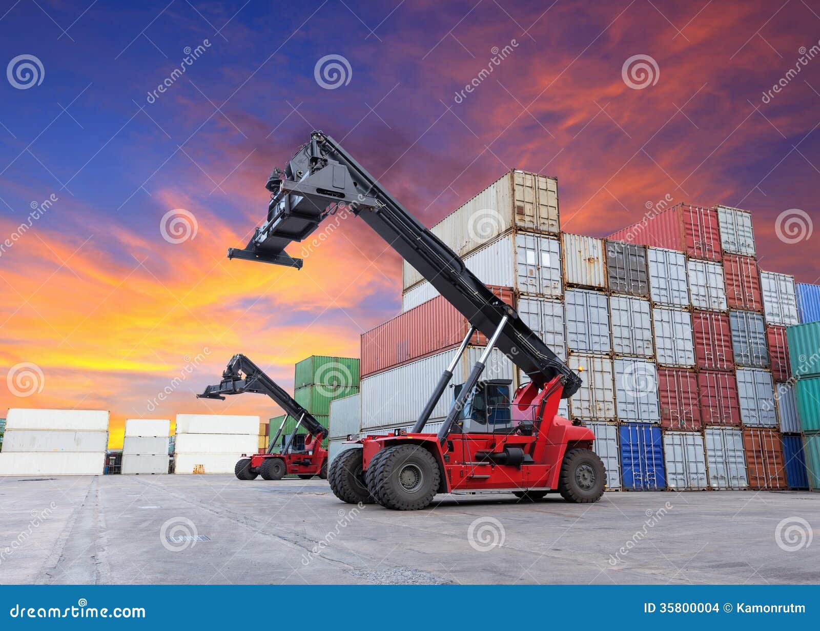 Container Yard Operation Activity, Reach Stacker Load Container Onto ...