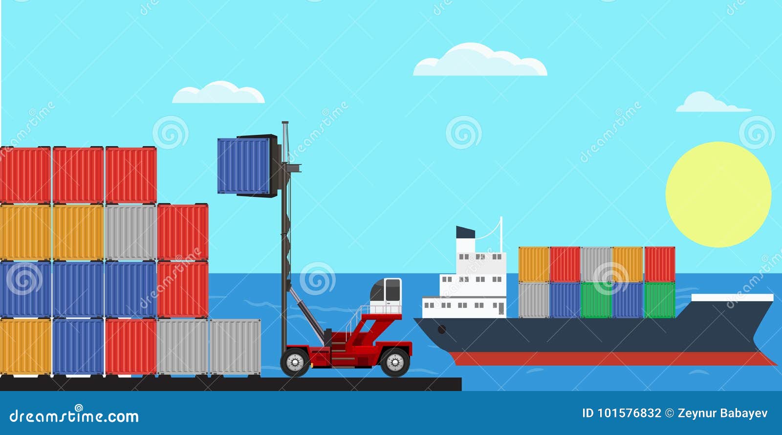 Crane Lifting Up Container in Yard. Flat and Solid Color Design Stock ...