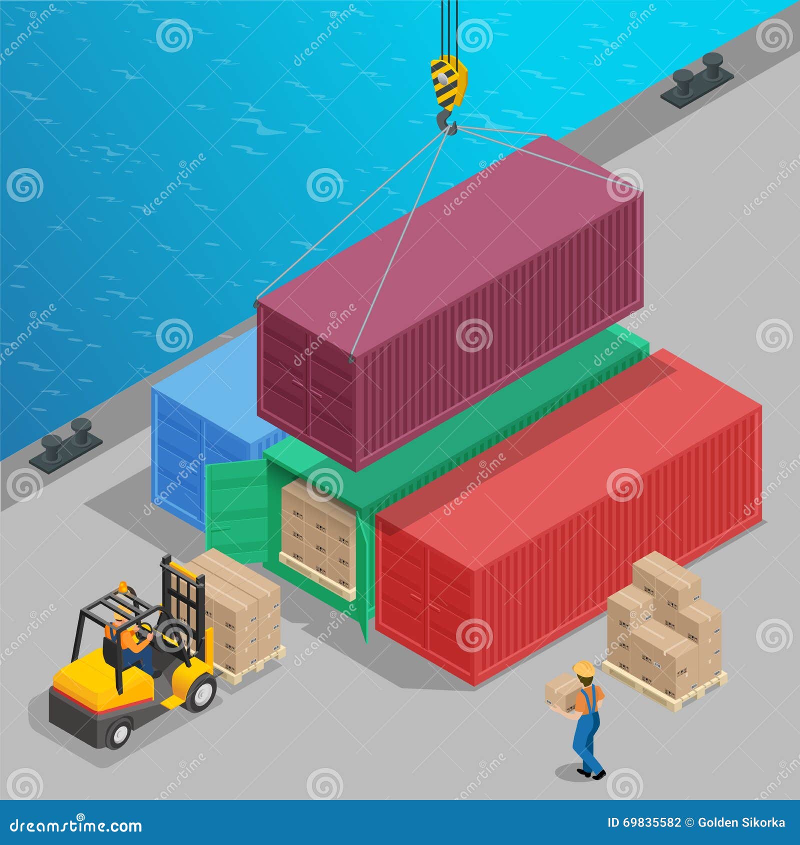 Crane Lifts a Big Container with Cargo Isometric. Global Logistics ...