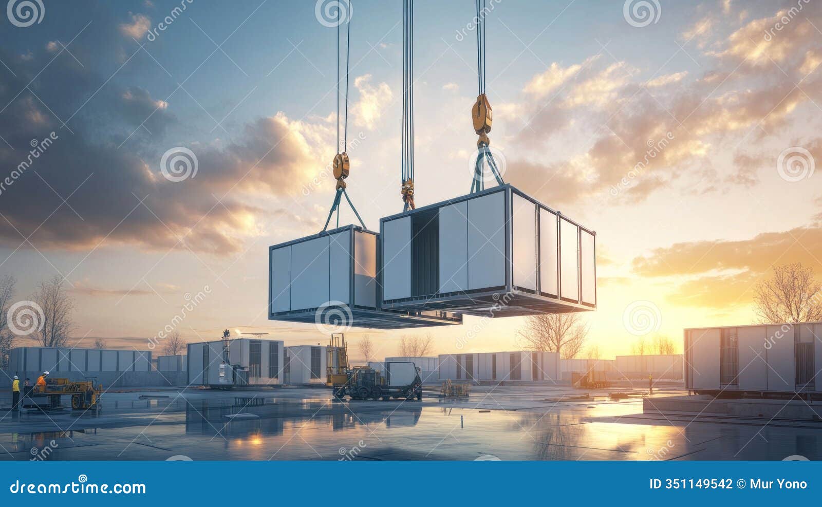 Crane Lifts Modular Building Sections during Sunset Construction Stock ...