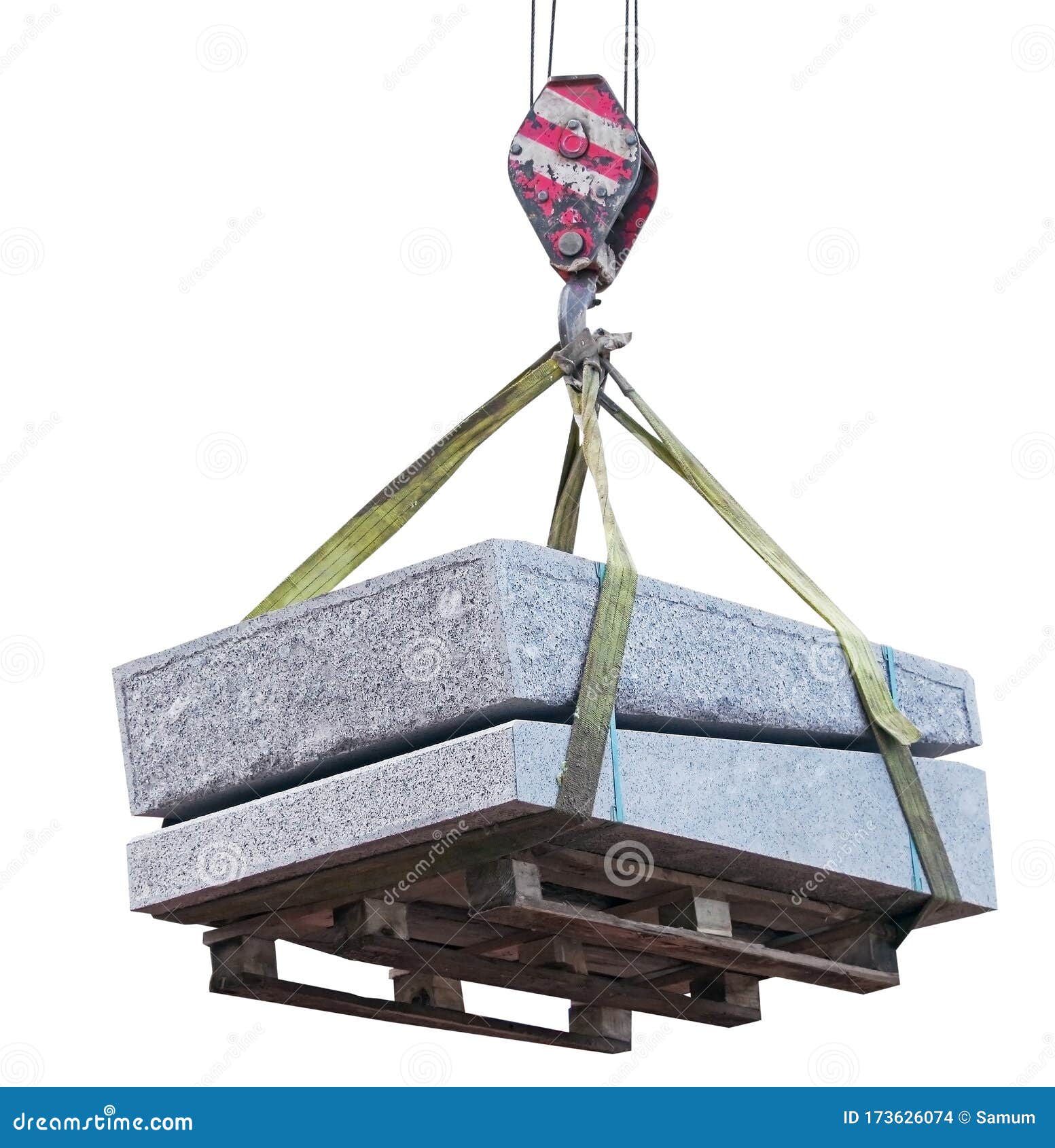 Crane Lifts Pallet with a Stack of Concrete Curbstone Stock Photo ...