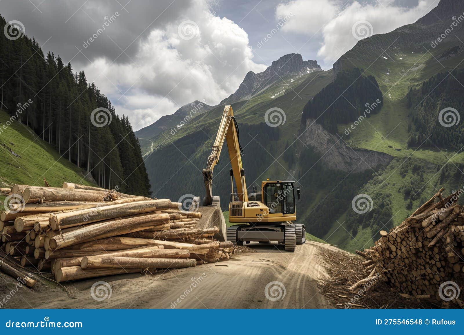 Crane Loading Cut Tree Trunks on Stack on Mountain Stock Photo - Image ...