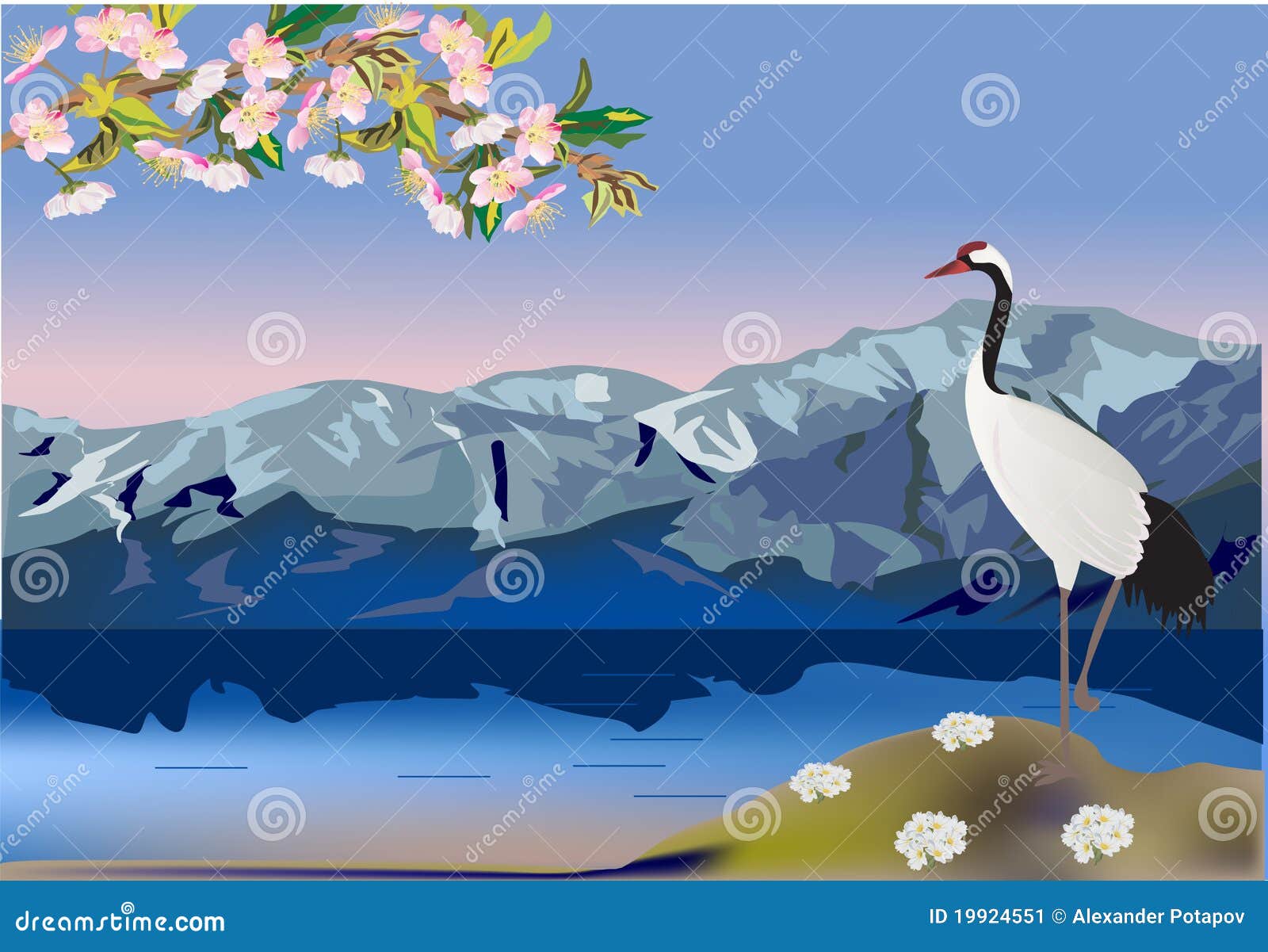 Crane in Mountain Landscape Stock Vector - Illustration of spring ...