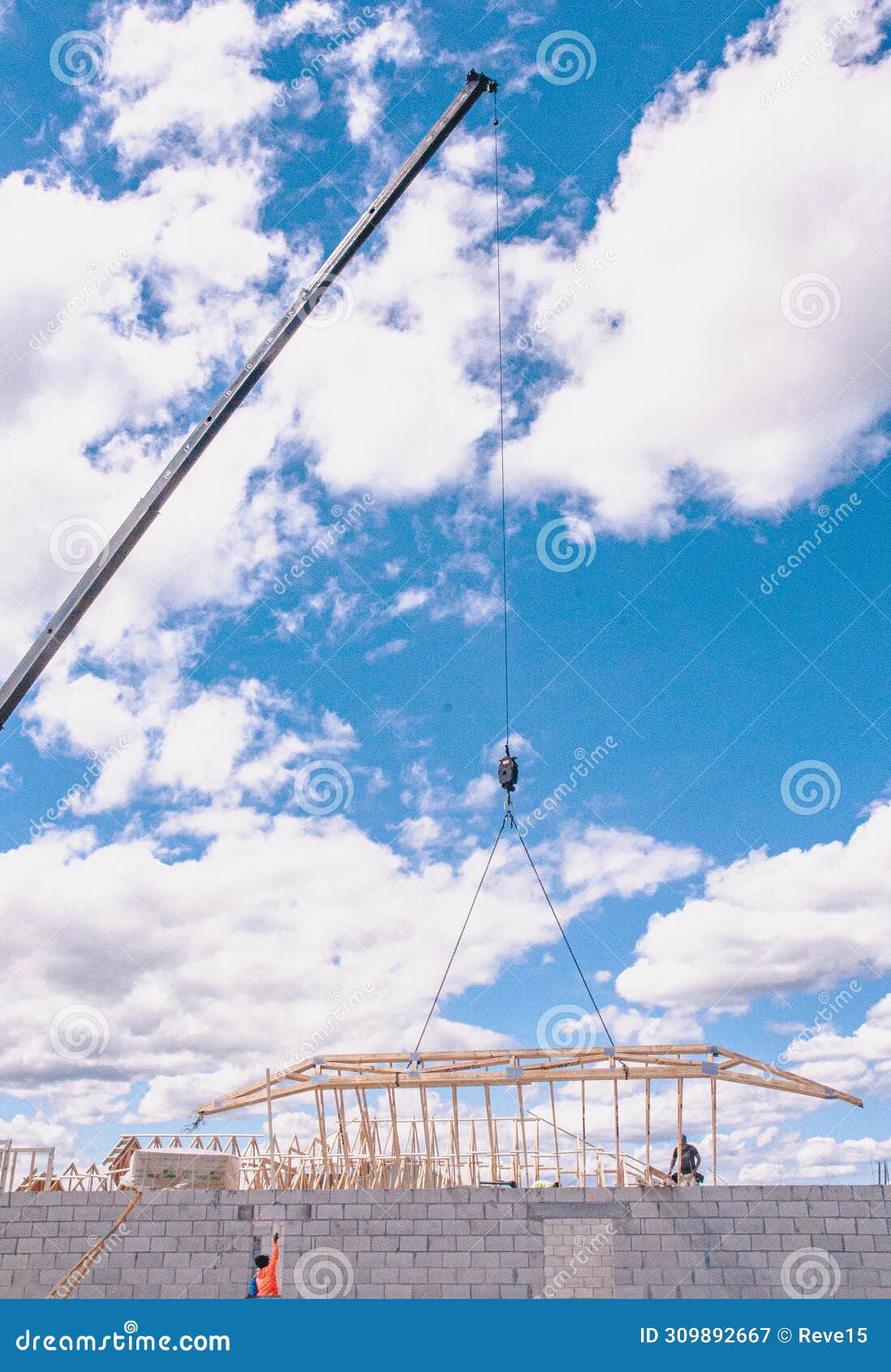 Crane Moving Roof Trusses, into Position Over, Cinder Block Walls ...