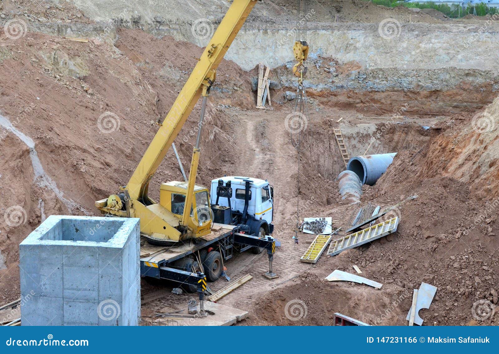 Crane Operation in the Pit, Laying or Replacement of Underground Storm ...