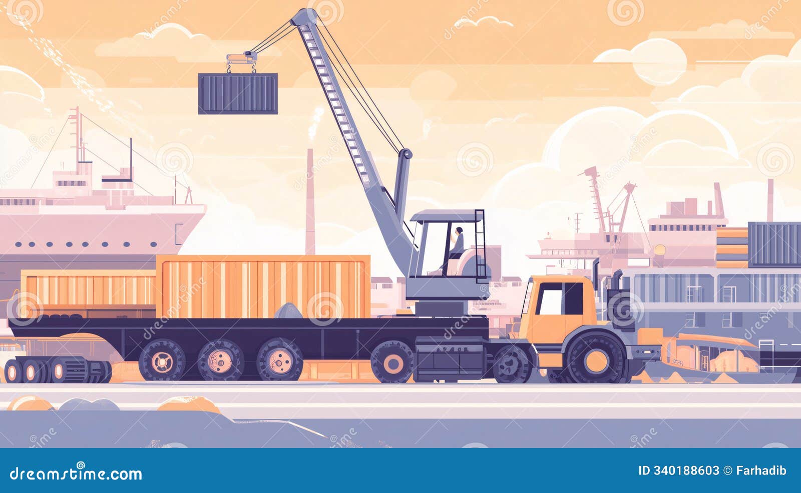 Crane Operator Lifting Cargo Container at Busy Port with Trucks and ...