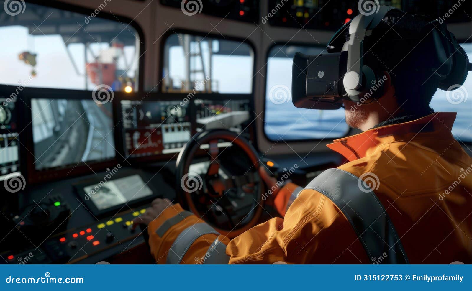 Crane Operator Using VR Simulator for Training at Sea Stock Image ...