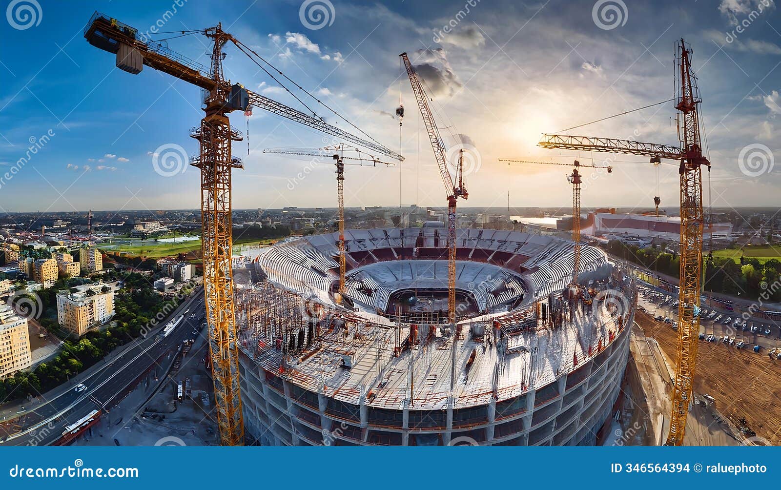 Crane and Other Cranes Working Around a New Stadium Complex ...