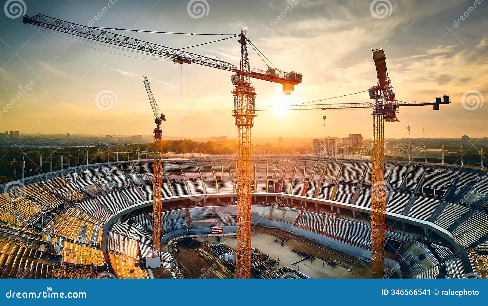 Crane and Other Cranes Working Around a New Stadium Complex ...