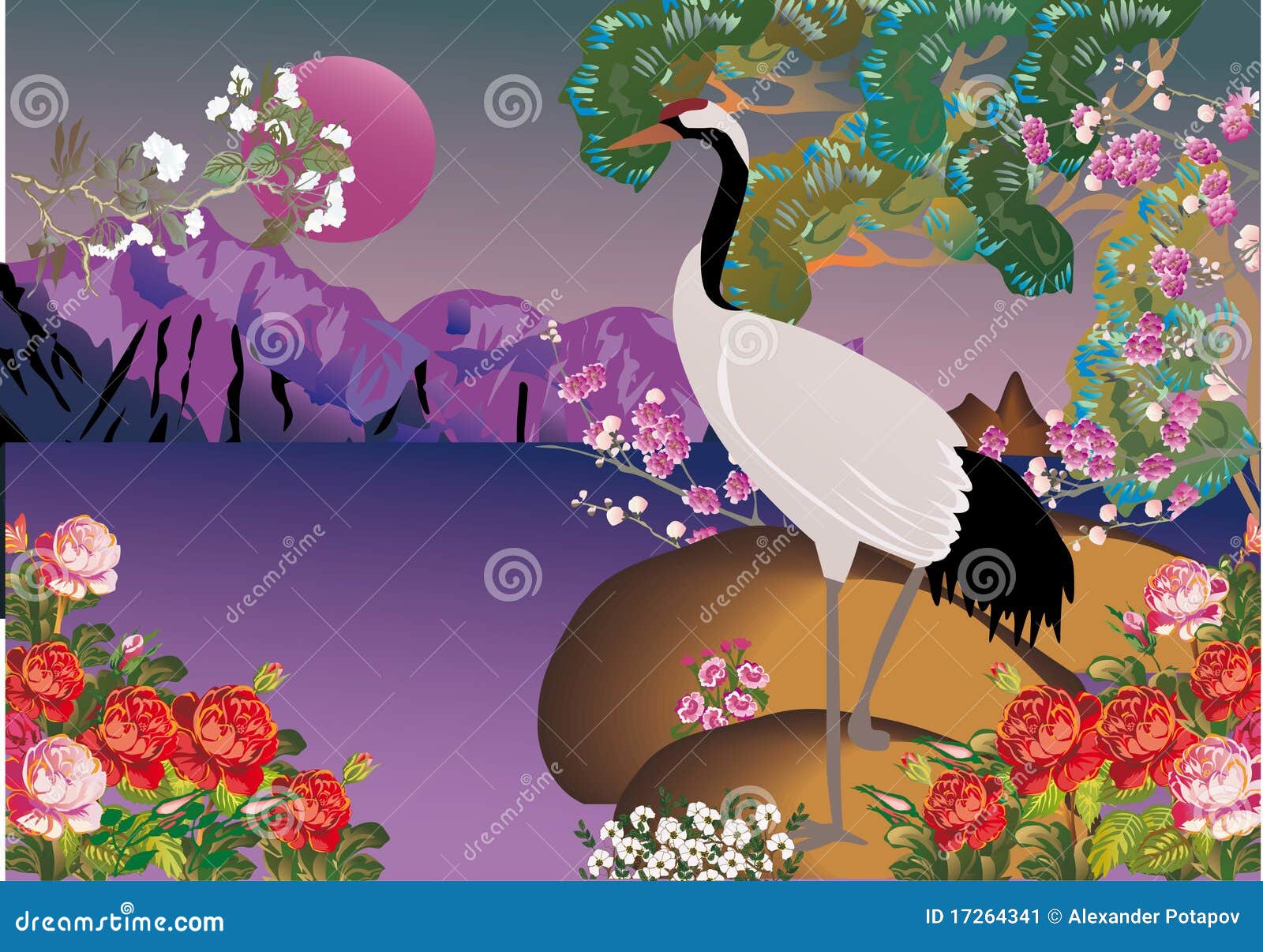 Crane in spring landscape stock vector. Illustration of pink - 17264341