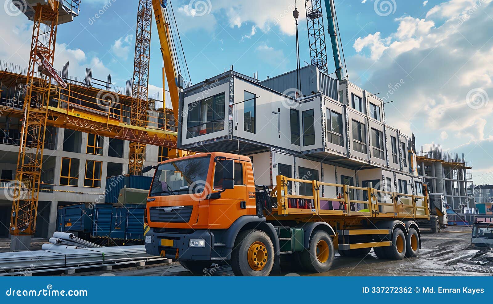Crane Trucks Transporting Mobile Office Buildings or Container, Aiding ...