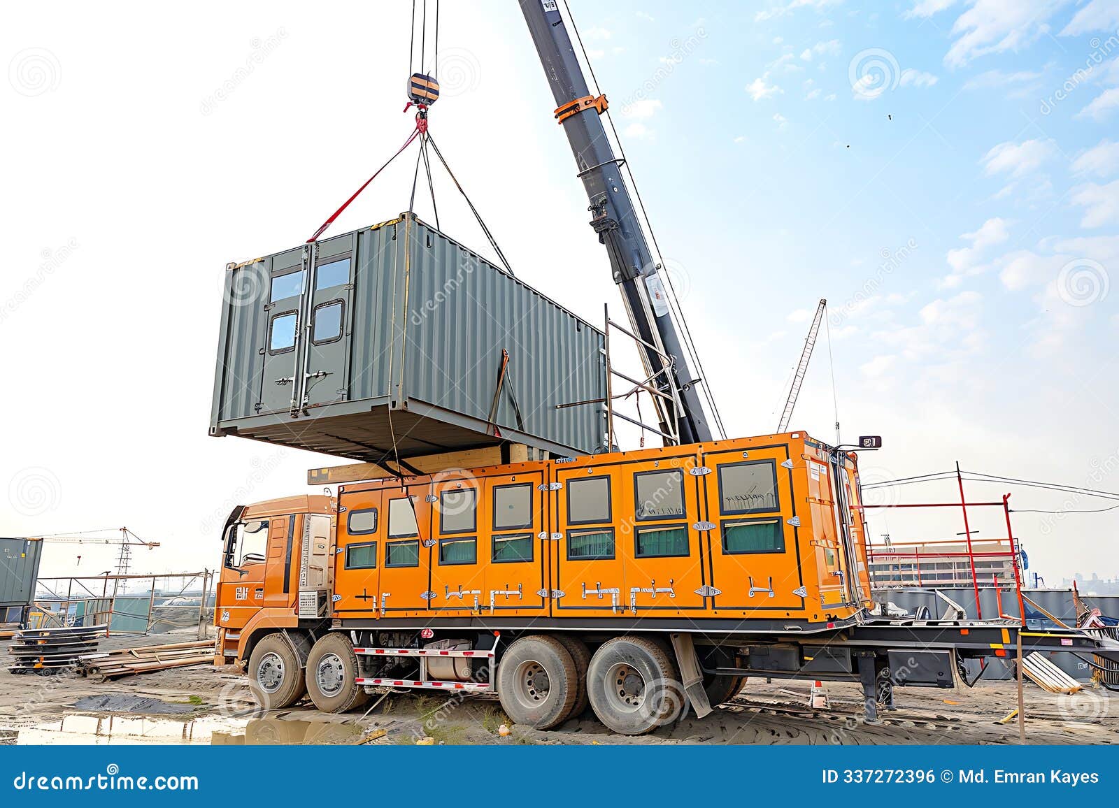 Crane Trucks Transporting Mobile Office Buildings or Container ...