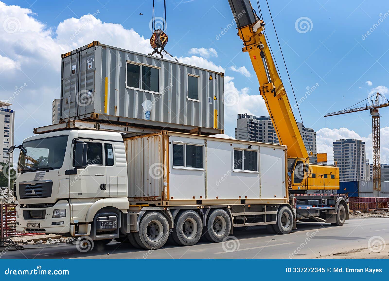 Crane Trucks Transporting Mobile Office Buildings or Container Site ...