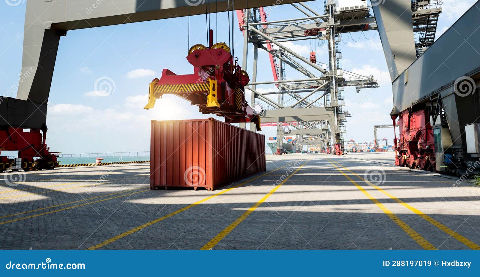 Crane Unloading Container in Port Stock Image - Image of hoist ...