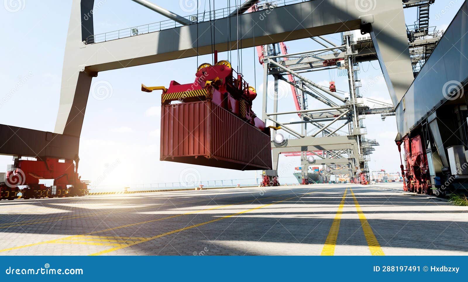 Crane Unloading Container in Port Stock Image - Image of deck, flatbed ...