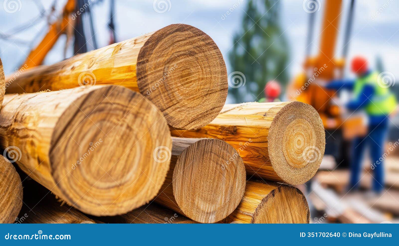 Crane Unloading Freshly Cut Timber Logs at Construction Site Stock ...