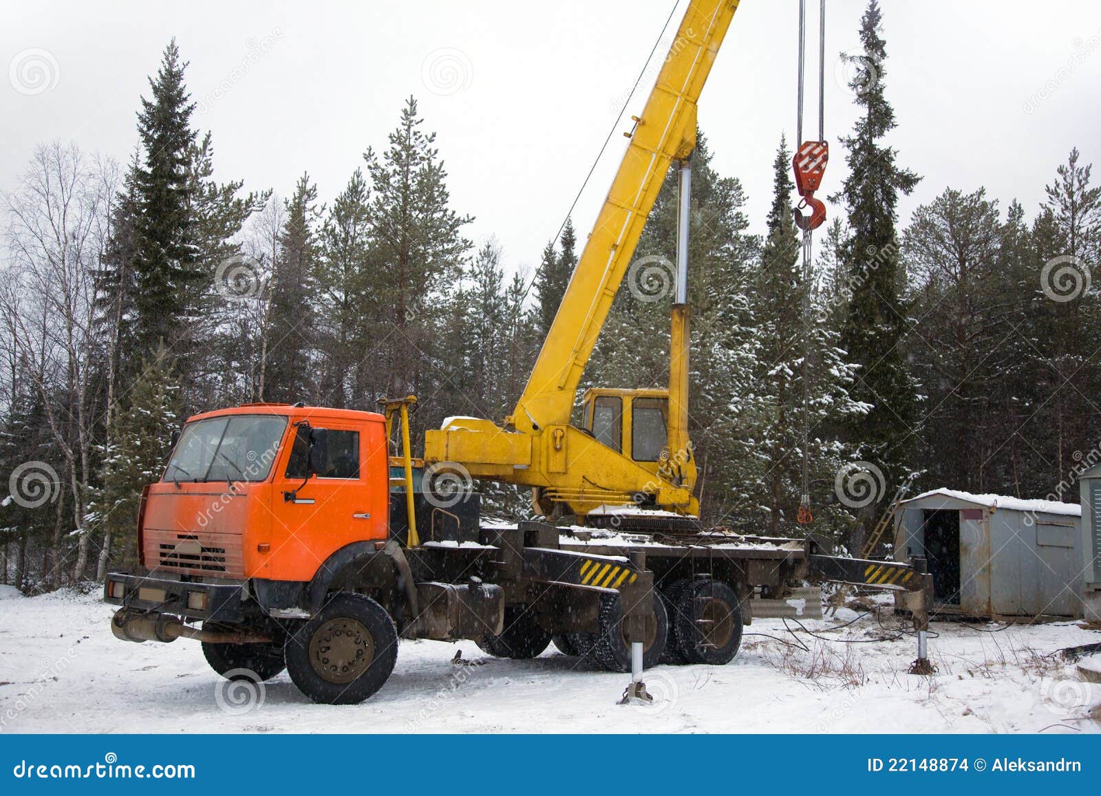 Crane Working in the Woods in Winter Stock Photo - Image of beam ...