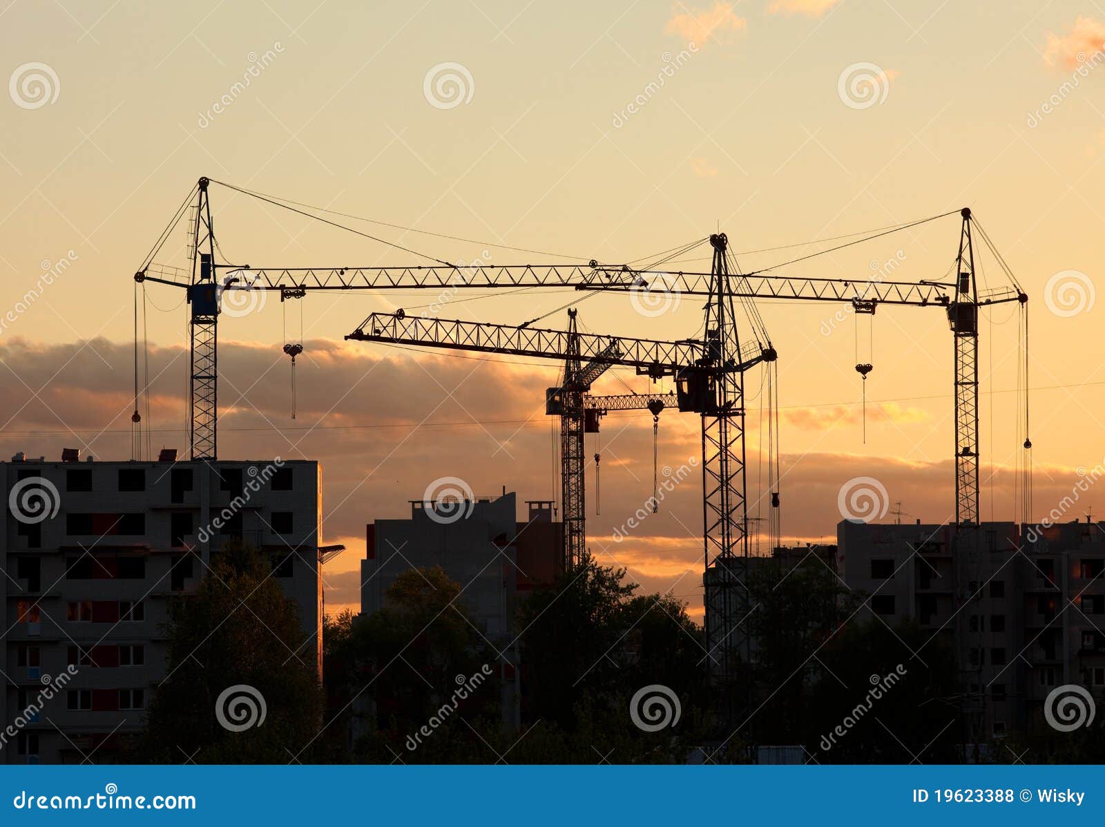 Cranes on Construction Site House at Sunset Stock Photo - Image of ...