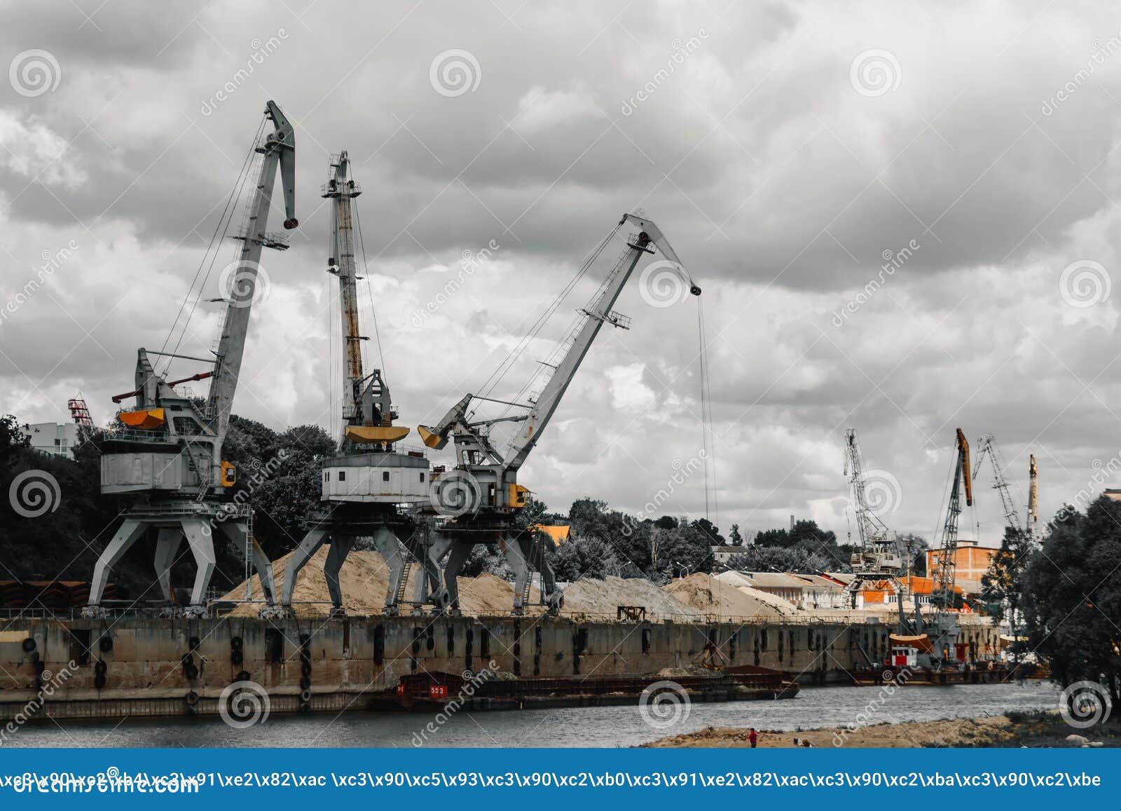 Cranes in the Port, Harbor Cranes, Sea Cranes Unload the Barge with ...