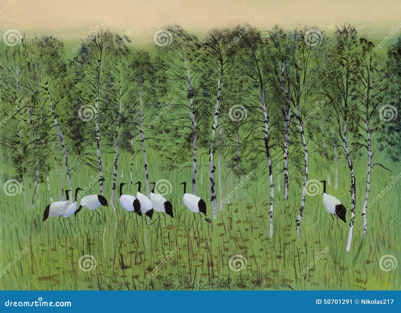 Cranes in the swamp stock illustration. Illustration of painting - 50701291