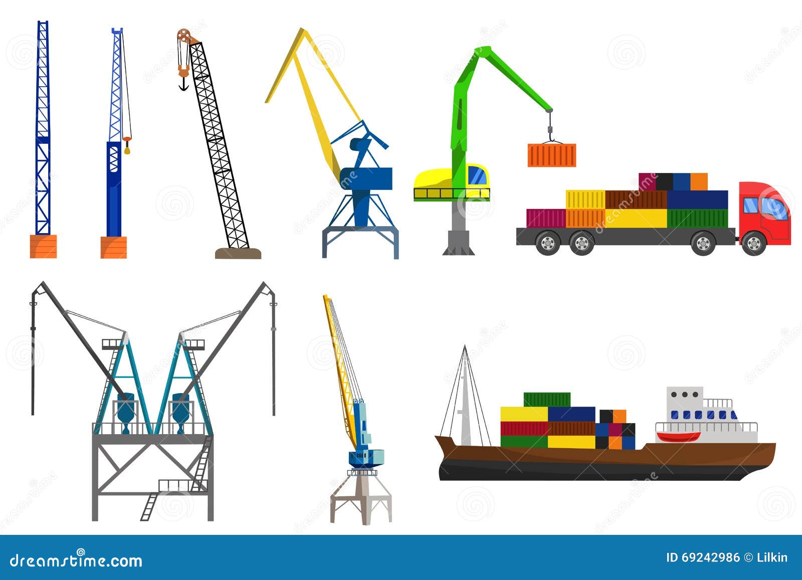 Cranes, Truck and Container Ship Stock Vector - Illustration of ...
