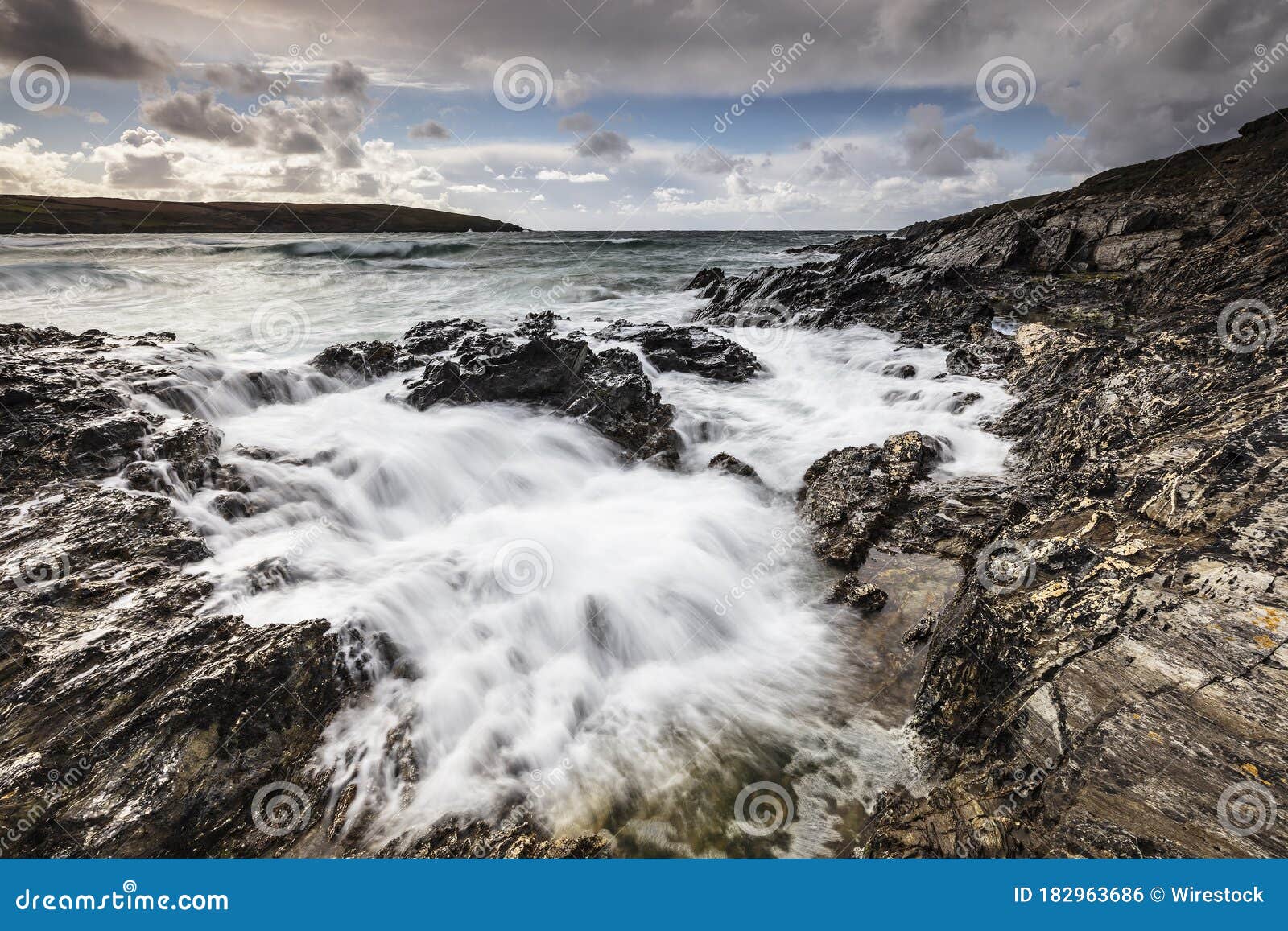 Crantock Bay Surrounded by the Wavy Sea with Long Exposure Under a ...