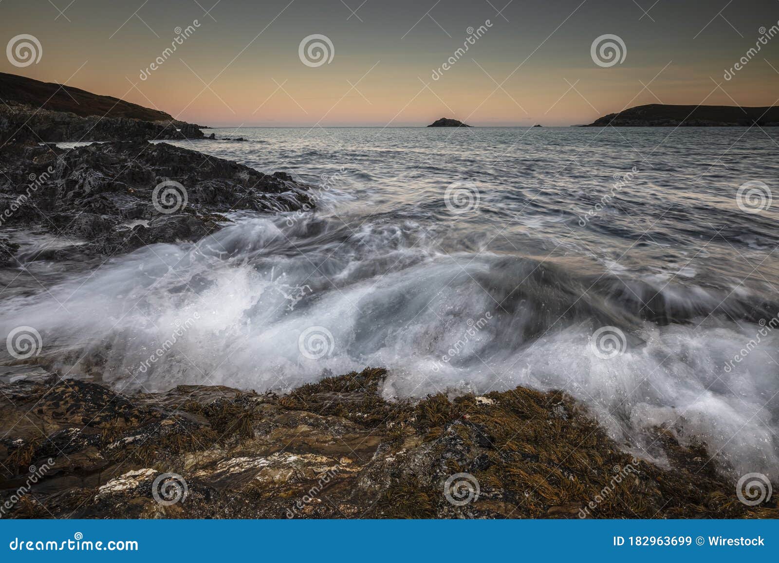 Crantock Bay Surrounded by the Wavy Sea during the Sunset in the ...