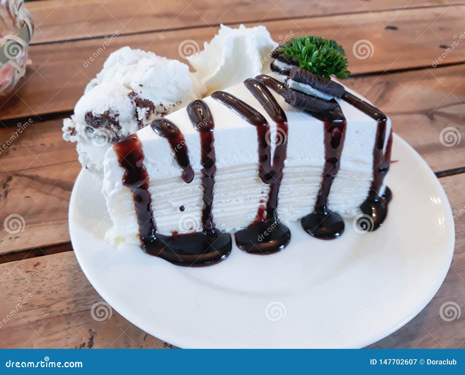 Crape Cake with Chocolate Sauce and Icecream Stock Image - Image of ...