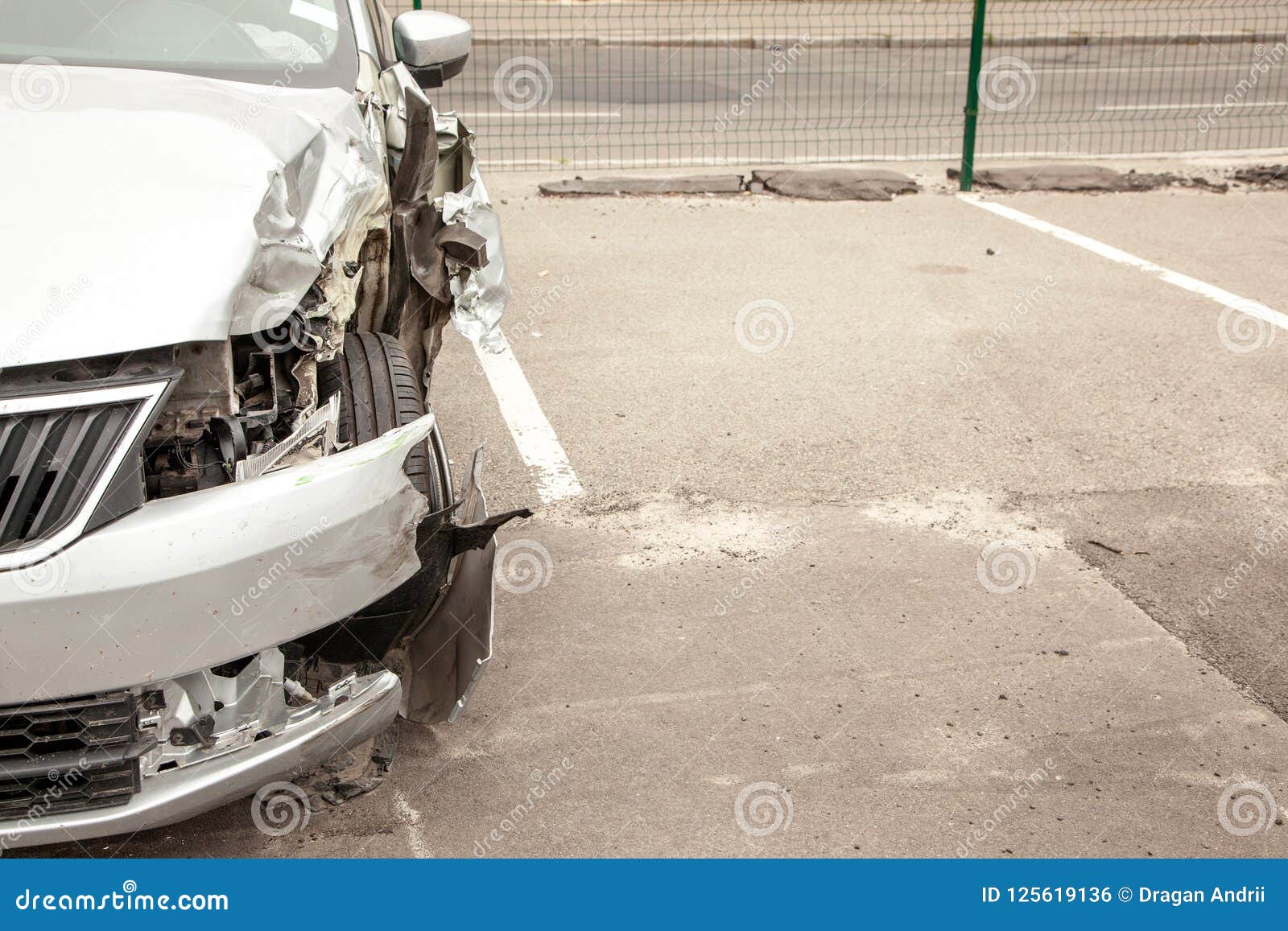 Crash Car in Front after the Accident. Broken Wing and Wheel, Bumper ...