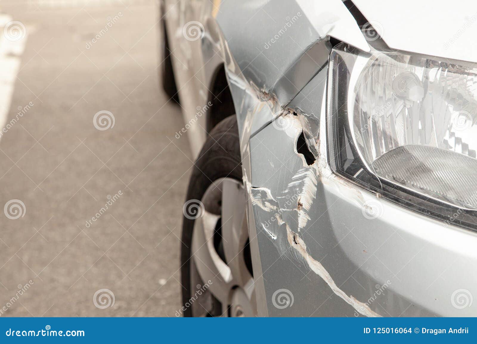 Crash Car in Front after the Accident. Broken Wing and Wheel, Bumper ...