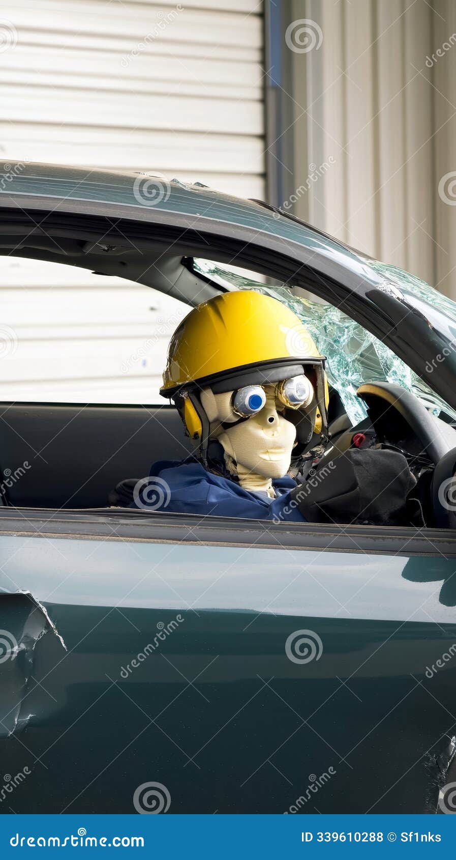 A Crash Test Dummy Wearing a Yellow Helmet Sits in a Car with a ...