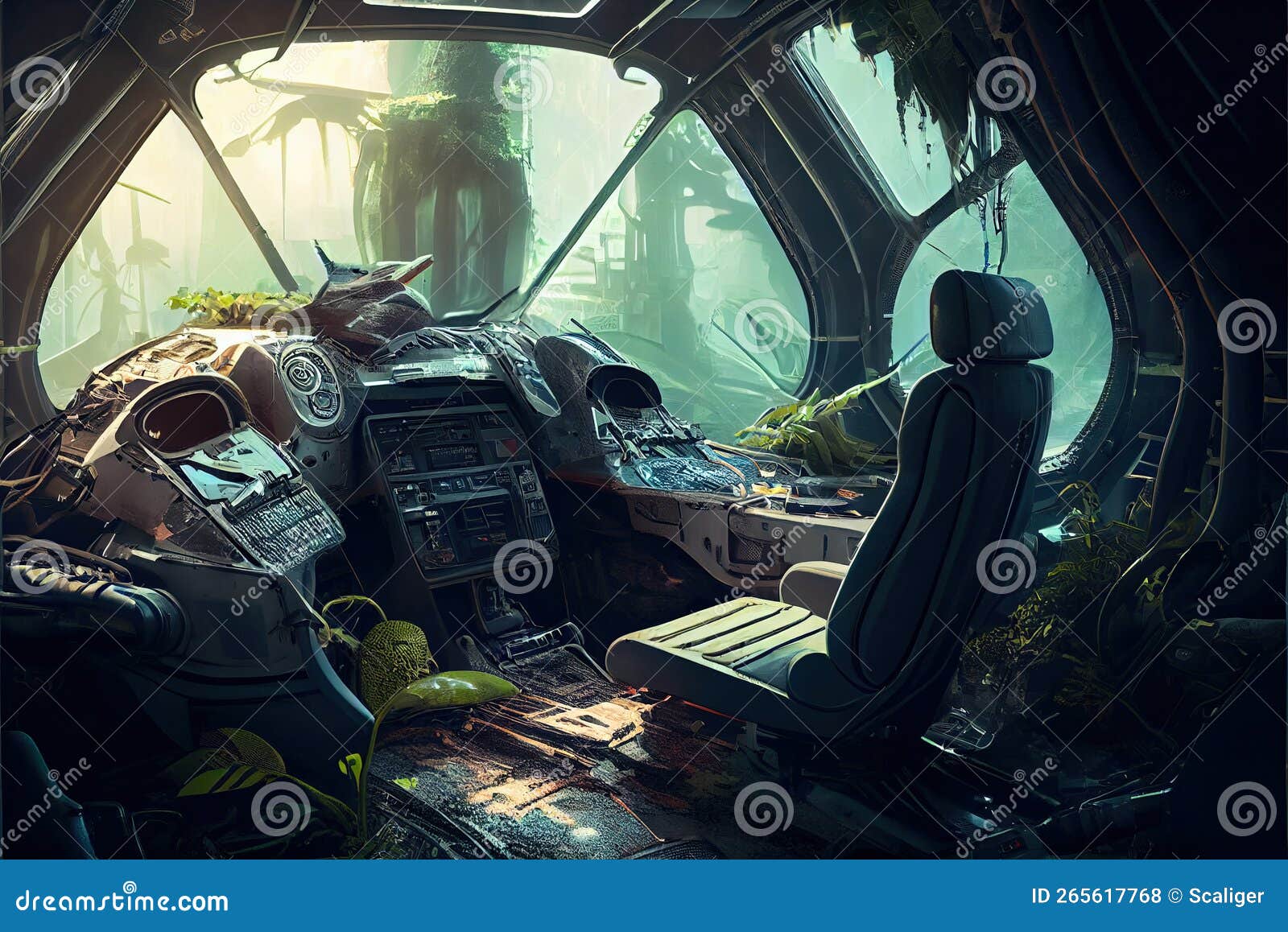 Crashed Abandoned Spaceship, Empty Overgrown Cabin, Generative AI Stock ...