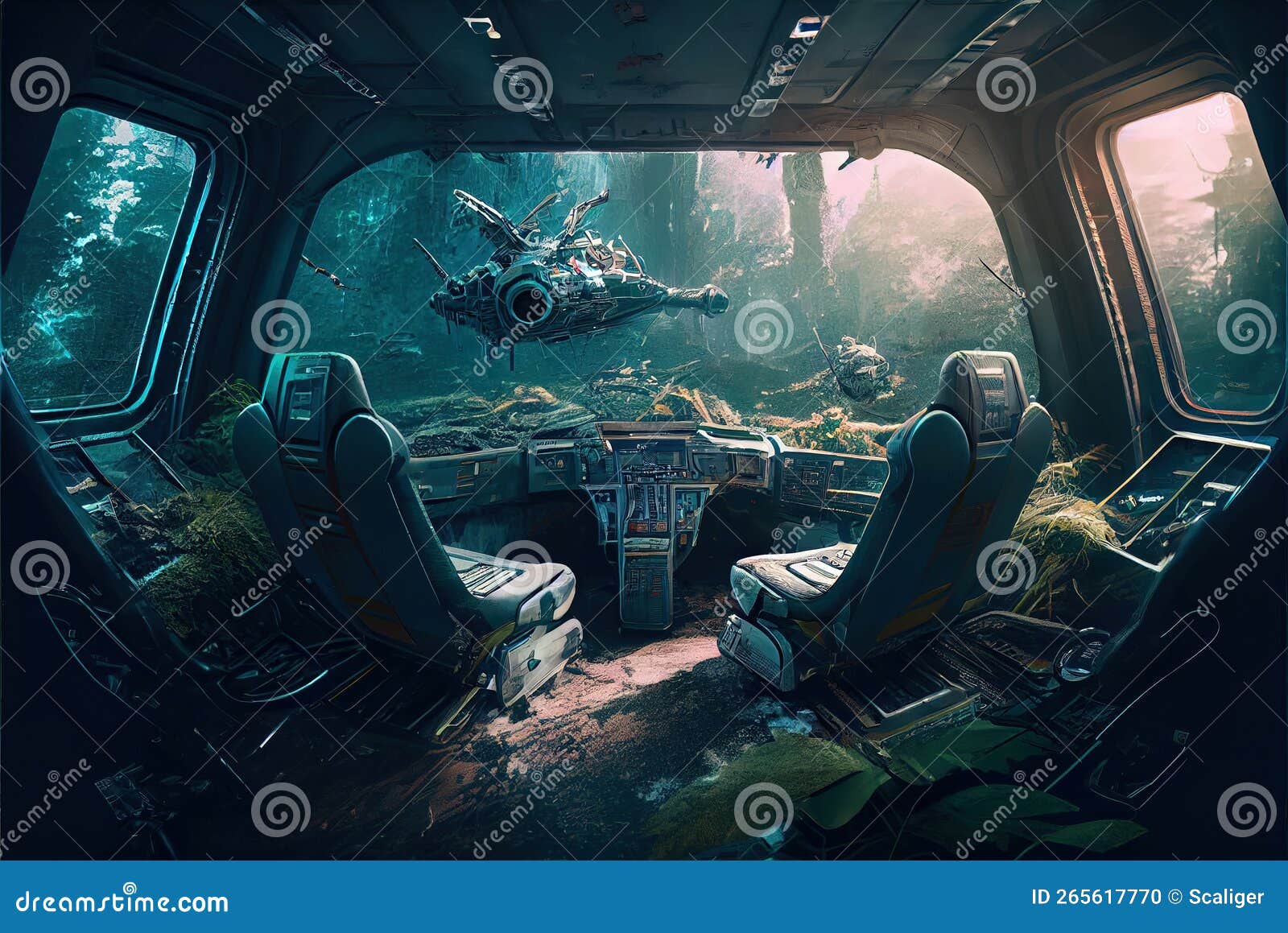 Crashed Abandoned Spaceship, Empty Overgrown Cabin, Generative AI Stock Illustration ...