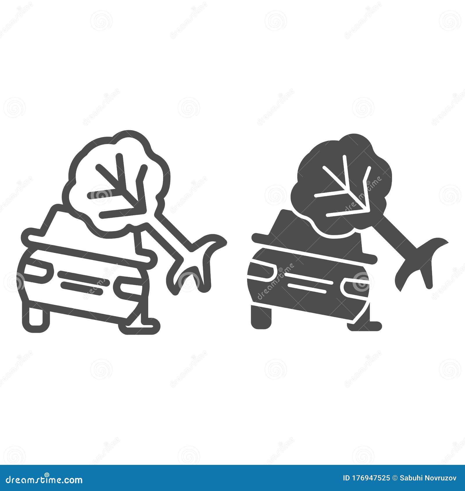 Crashed Automobile after Storm Line and Solid Icon. Auto Damaged by ...