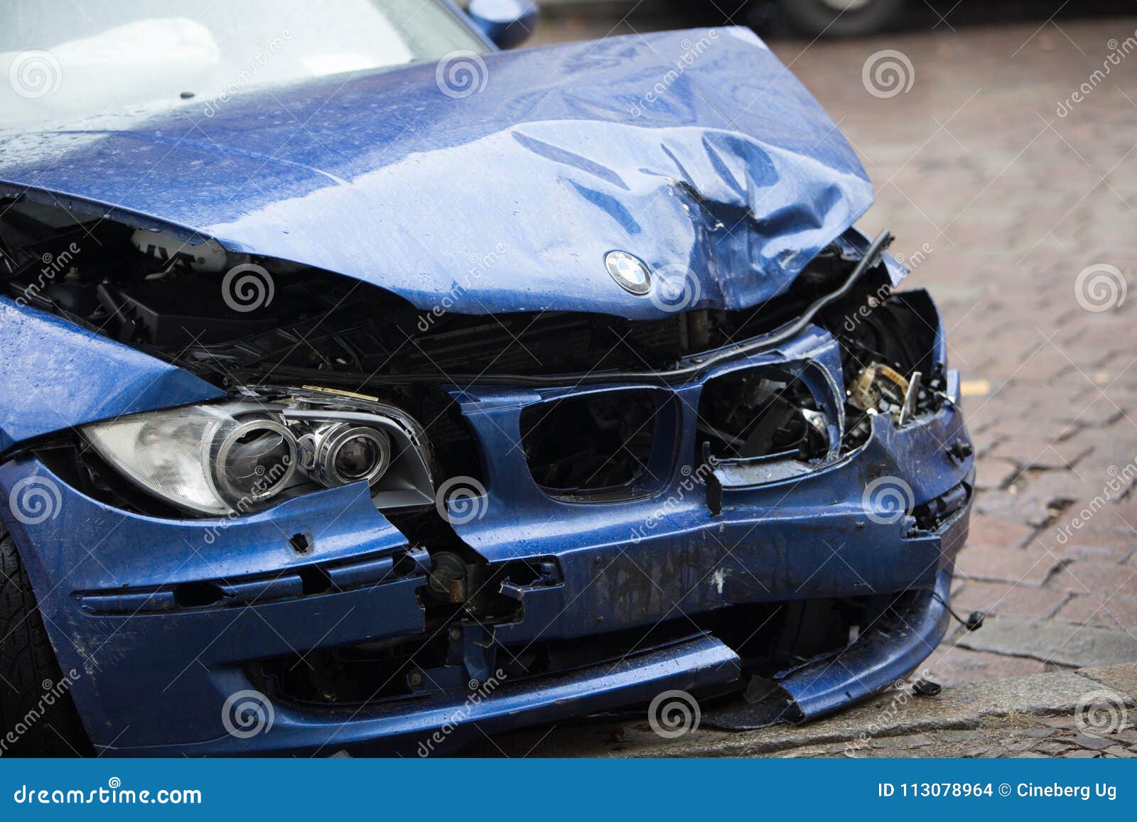 Crashed blue BMW car editorial stock image. Image of accident - 113078964