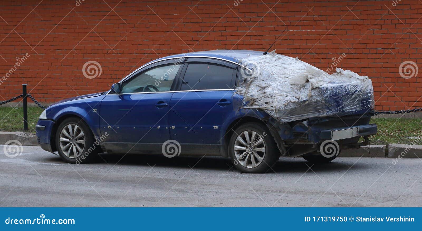 Crashed Blue Car Covered with Polyethylene Stock Photo - Image of ...
