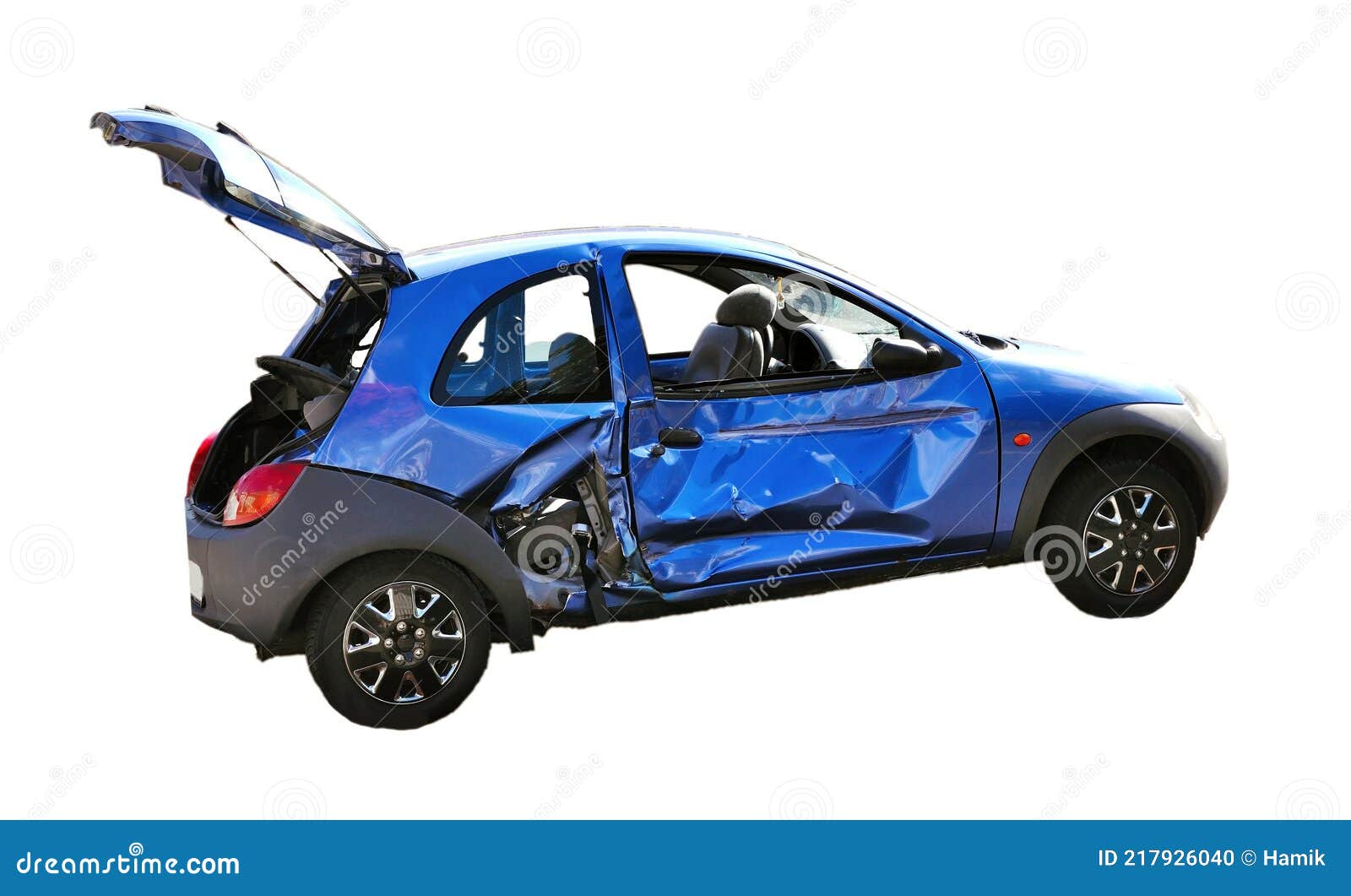 Crashed Blue Car Isolated on a White Background Stock Photo - Image of ...