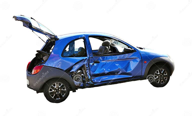 Crashed Blue Car Isolated on a White Background Stock Photo - Image of ...