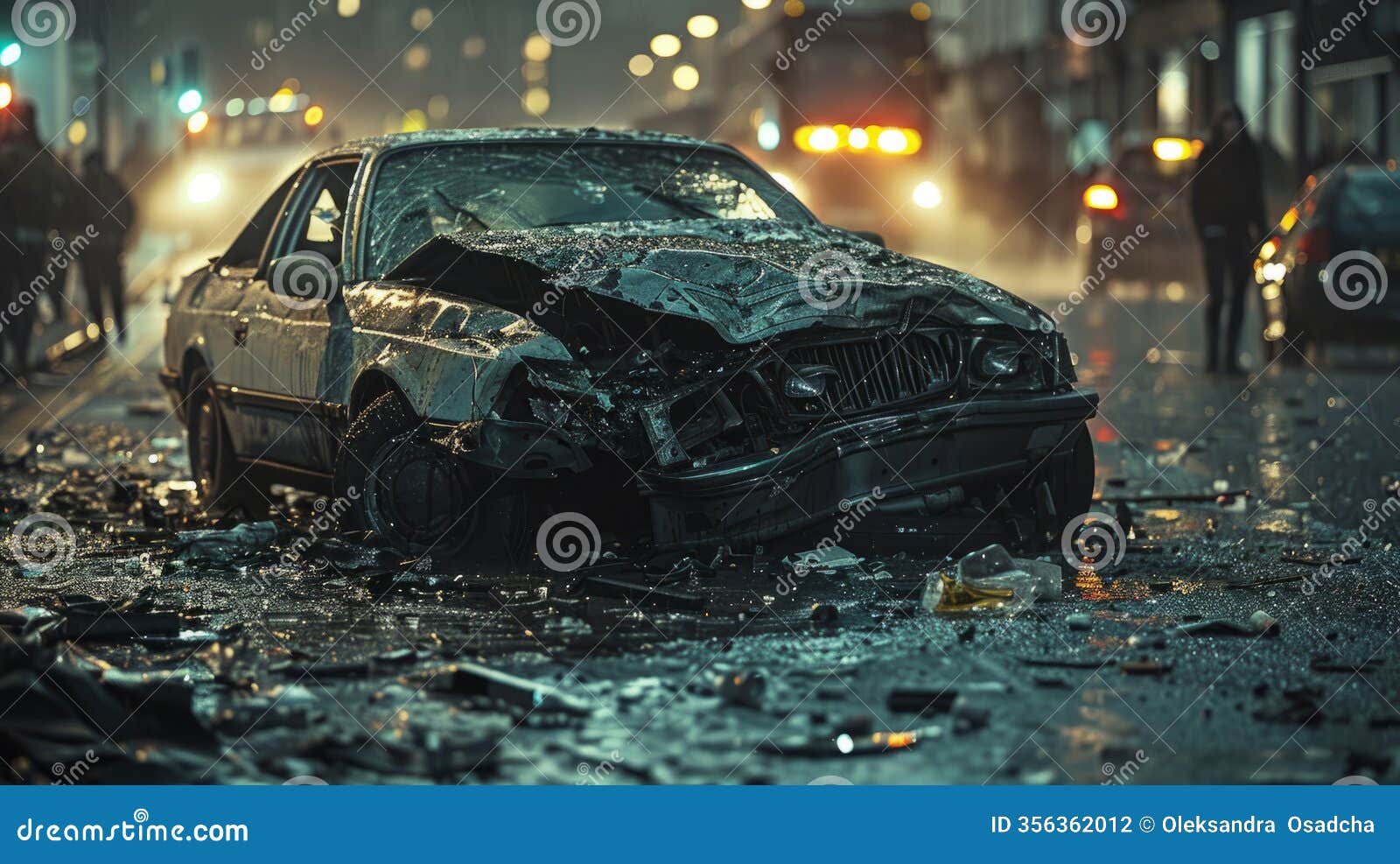 A Crashed Car on a City Street at Night Stock Photo - Image of disaster ...