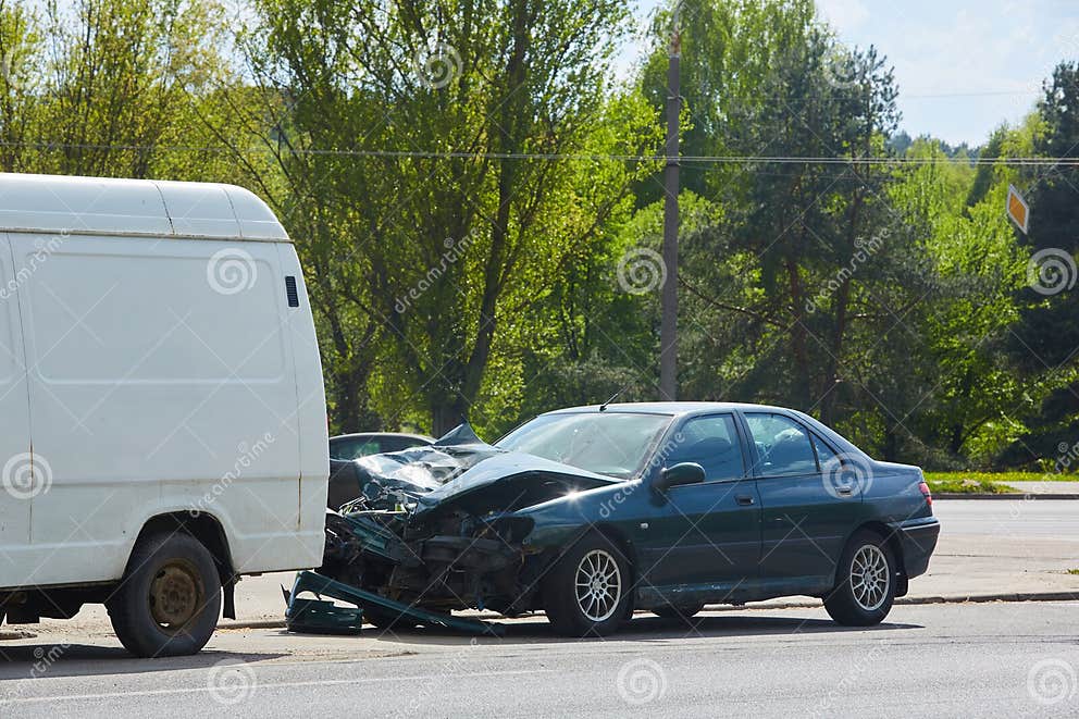 Crashed Car in Collision on Roadway. Car Accident with Major Front End ...
